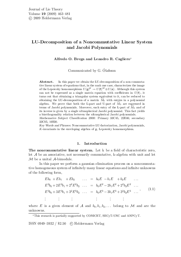 (PDF) LU-decomposition of a noncommutative linear system and Jacobi ...