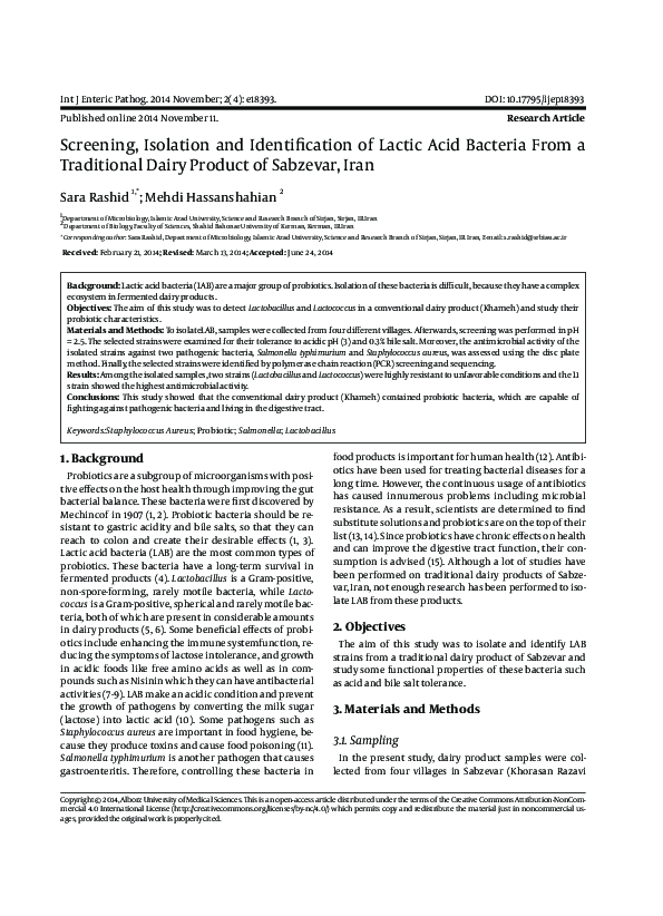 (PDF) Screening, Isolation and Identification of Lactic Acid Bacteria From a Traditional Dairy ...