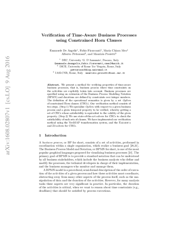 (PDF) Verification of Time-Aware Business Processes Using Constrained Horn Clauses