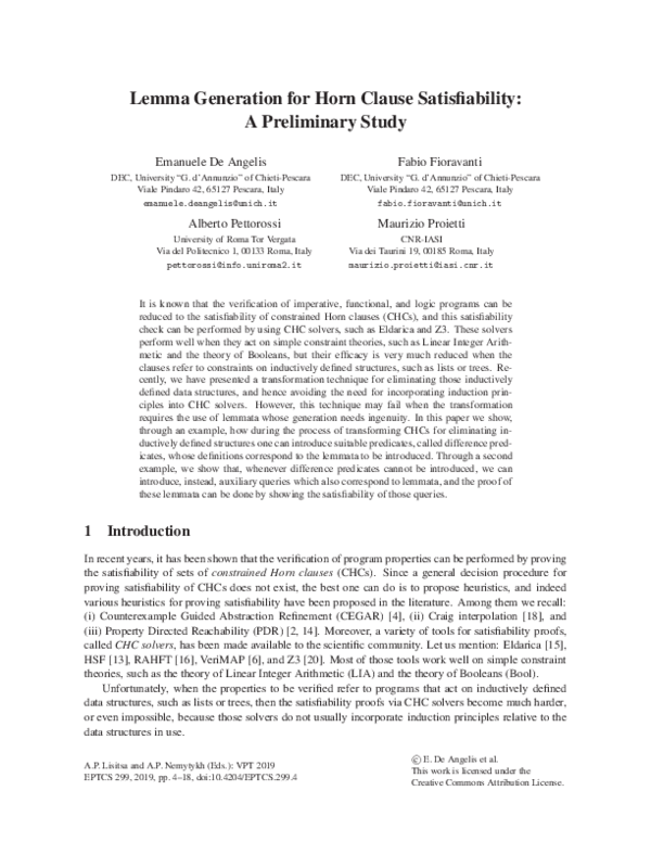 (PDF) Lemma Generation for Horn Clause Satisfiability: A Preliminary Study | Alberto Pettorossi ...