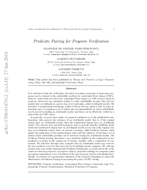 (PDF) Predicate Pairing for program verification