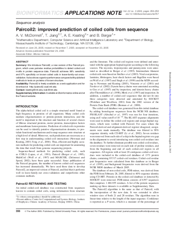 Pdf Paircoil2 Improved Prediction Of Coiled Coils From Sequence