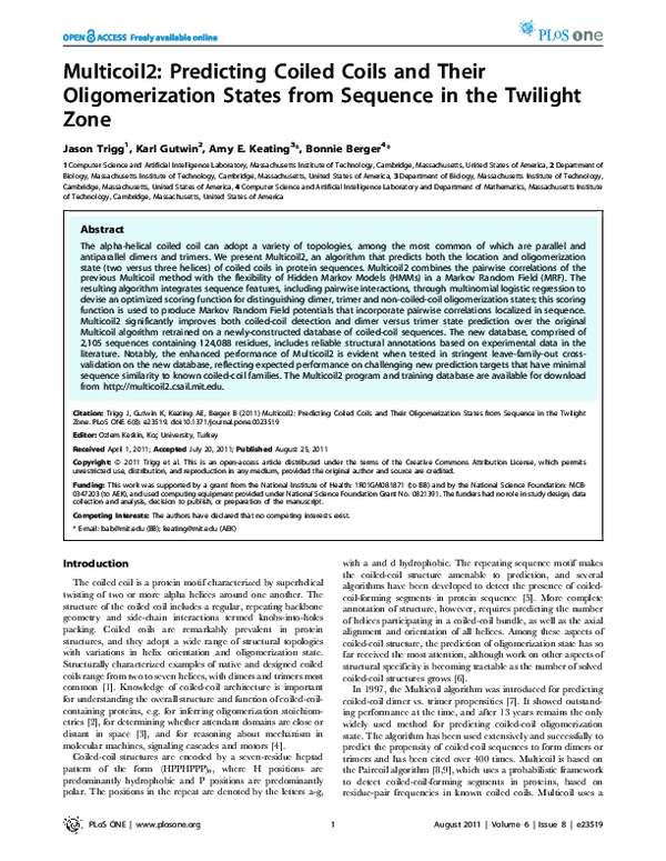 Pdf Multicoil2 Predicting Coiled Coils And Their Oligomerization States From Sequence In The