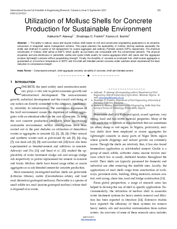 (PDF) Utilization of Mollusc Shells for Concrete Production for ...