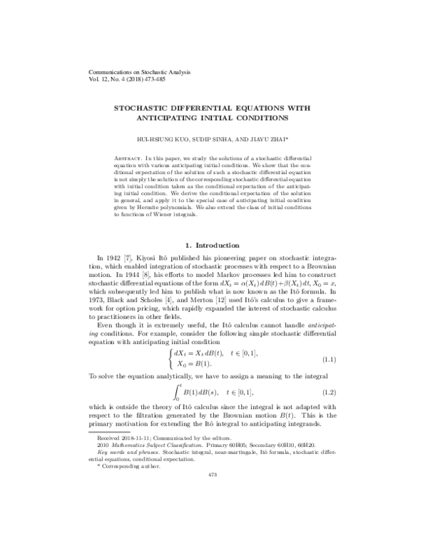 (PDF) Stochastic Differential Equations with Anticipating Initial Conditions