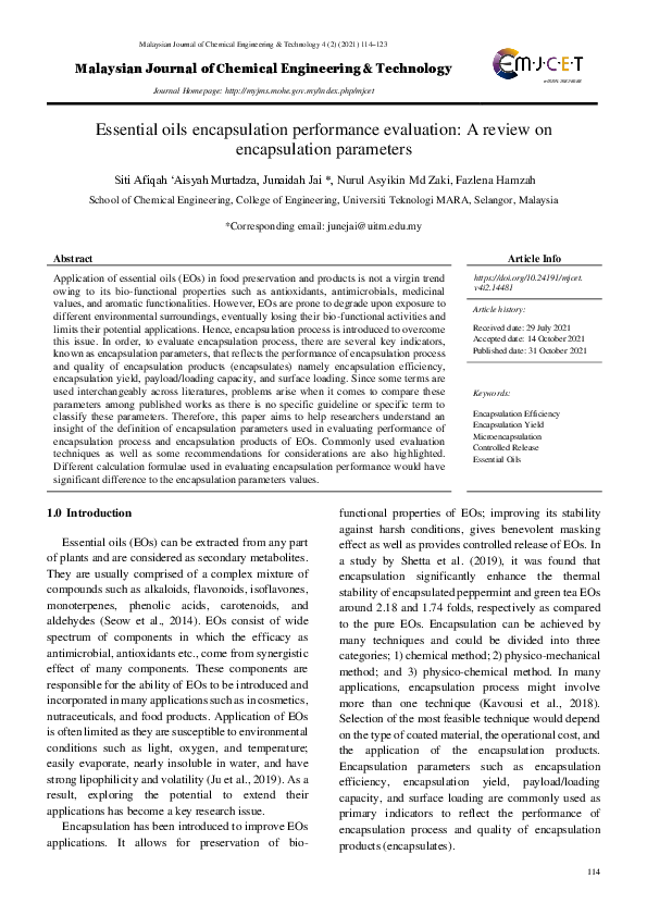Pdf Essential Oils Encapsulation Performance Evaluation A Review On