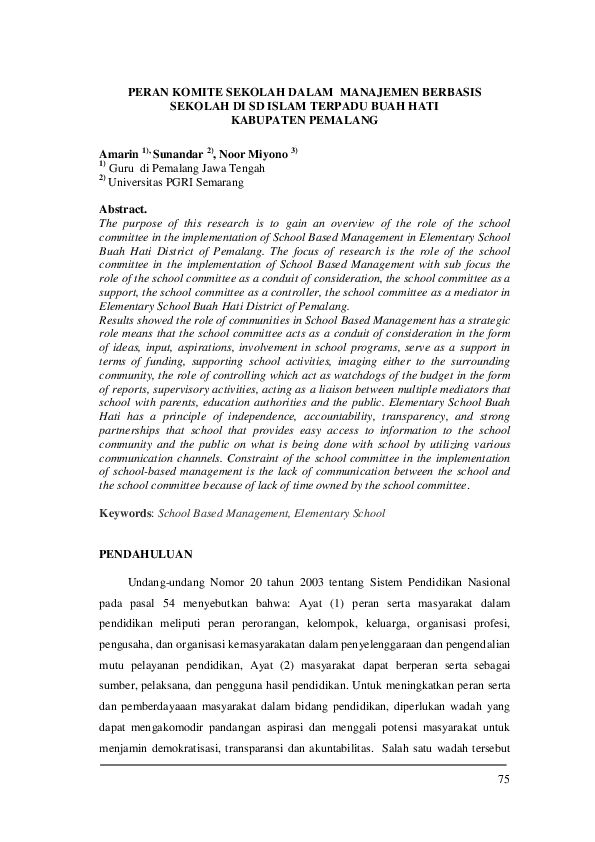 Pdf Peran Komite Sekolah Dalam Manajemen Berbasis Sekolah Di Sd Islam