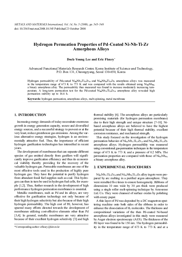 (PDF) Hydrogen permeation properties of Pd-coated Ni−Nb−Ti−Zr amorphous alloys