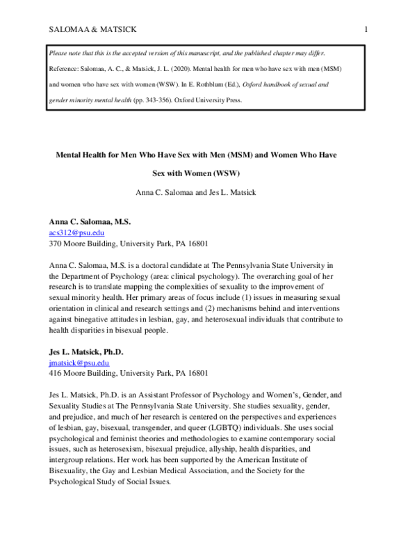 (PDF) Mental Health for Men Who Have Sex with Men (MSM) and Women Who ...