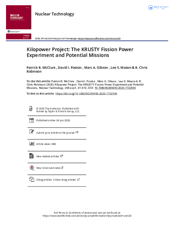 (PDF) Kilopower Project: The KRUSTY Fission Power Experiment and ...