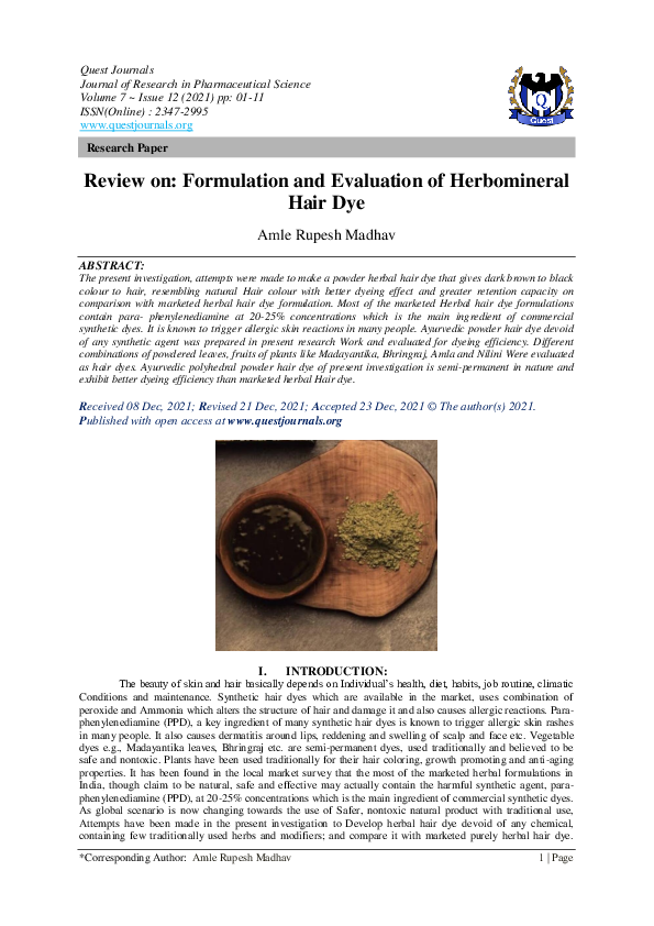 (PDF) Review on: Formulation and Evaluation of Herbomineral Hair Dye