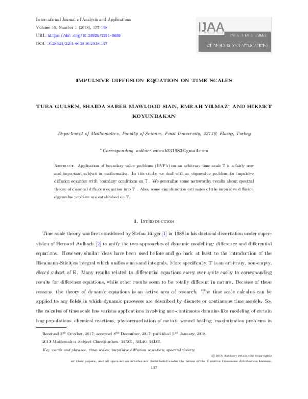 (PDF) Impulsive Diffusion Equation on Time Scales