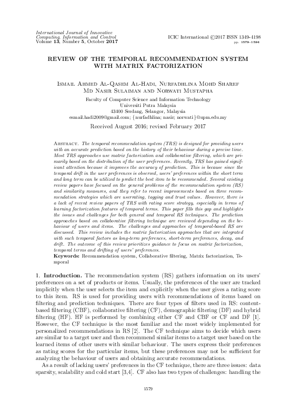 Pdf Review Of The Temporal Recommendation System With Matrix