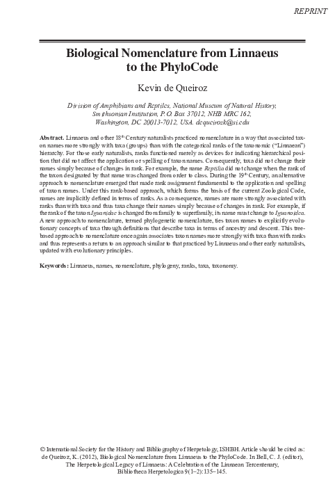 (PDF) Biological nomenclature from Linnaeus to the PhyloCode