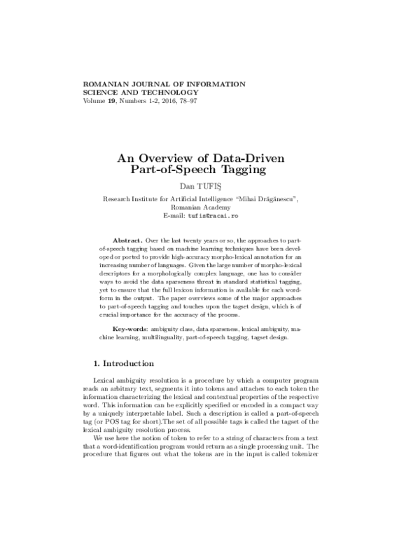 (PDF) An Overview of Data-Driven Part-of-Speech Tagging