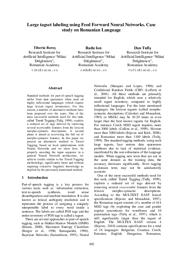 (PDF) Large tagset labeling using Feed Forward Neural Networks. Case study on Romanian Language