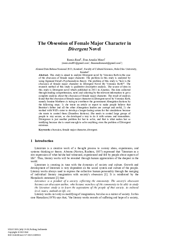 (PDF) The Obsession of Female Major Character in Divergent Novel