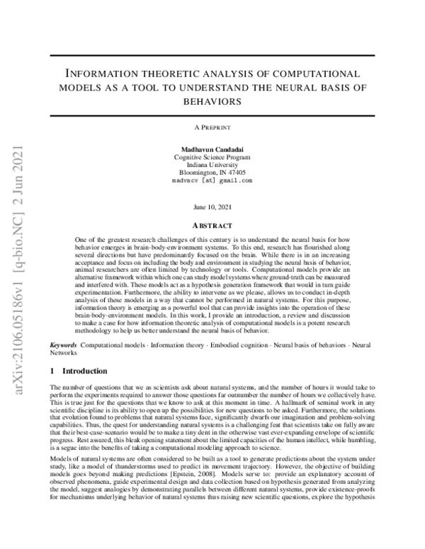 Pdf Information Theoretic Analysis Of Computational Models As A Tool To Understand The Neural