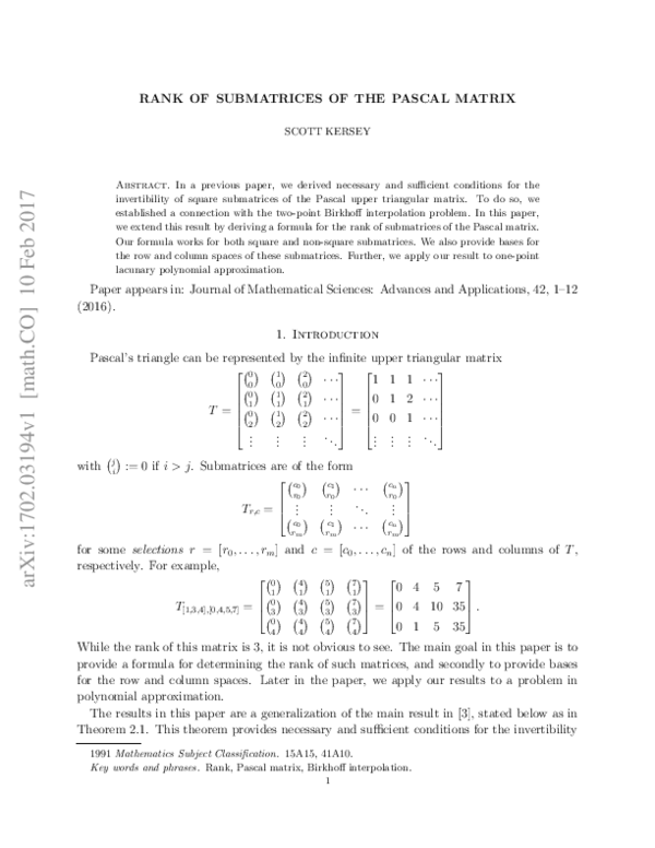 Pdf Rank Of Submatrices Of The Pascal Matrix