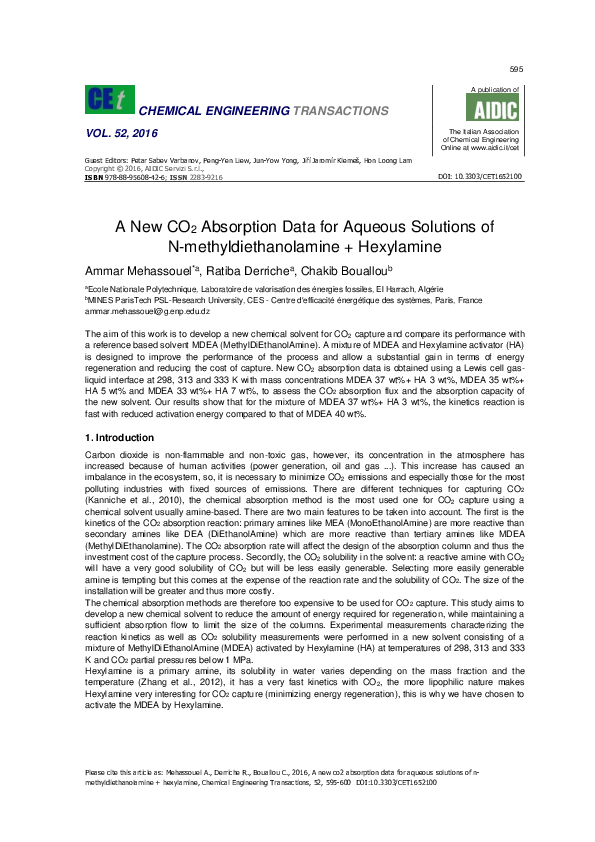 (PDF) A New CO2 Absorption Data for Aqueous Solutions of N-methyldiethanolamine + Hexylamine