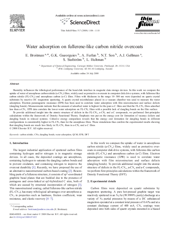 (PDF) Water adsorption on fullerene-like carbon nitride overcoats