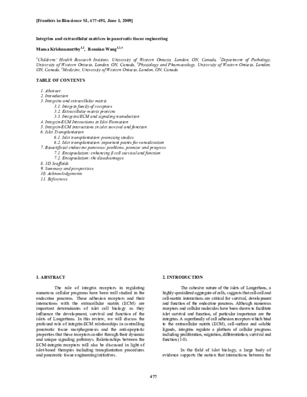 (PDF) Integrins and extracellular matrices in pancreatic tissue engineering