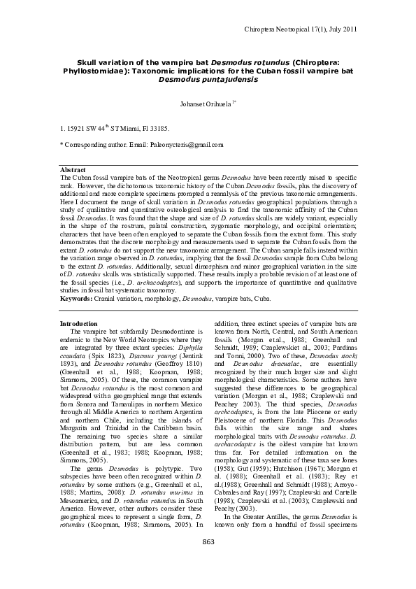 (PDF) Skull variation of the vampire bat Desmodus rotundus (Chiroptera ...