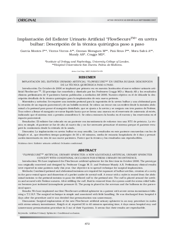 (PDF) Implantación del Esfínter Urinario Artificial “FlowSecureTM” en ...
