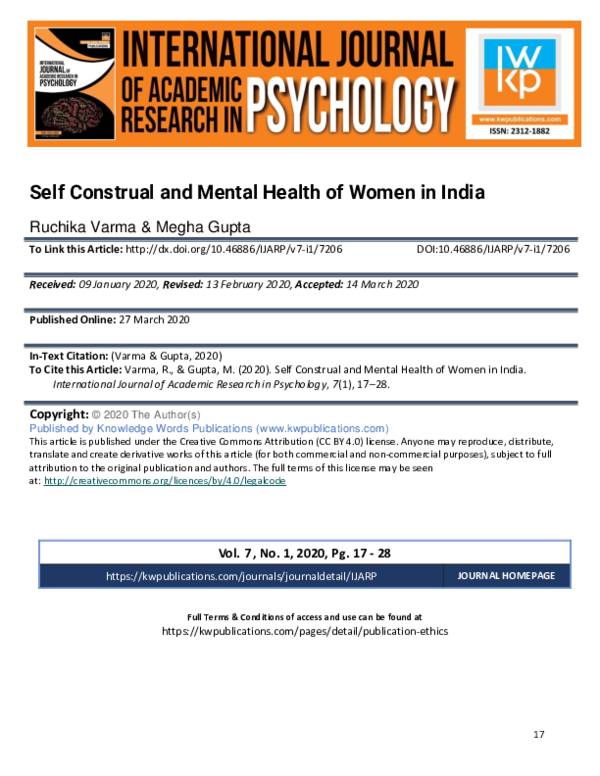 (PDF) Self Construal and Mental Health of Women in India