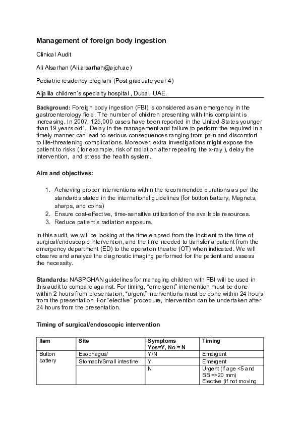 (DOC) Management of foreign body ingestion: Clinical audit
