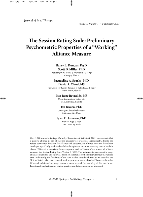 (PDF) The Session Rating Scale: Preliminary Psychometric Properties of ...