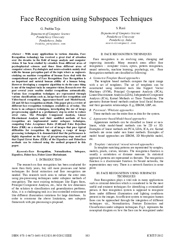 (PDF) Face recognition using subspaces techniques
