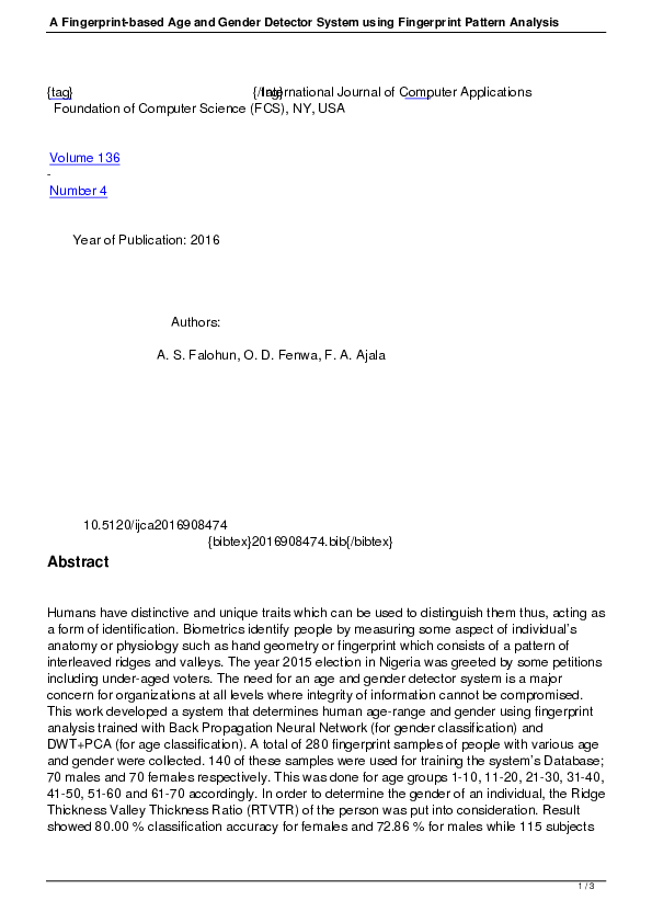 (PDF) A Fingerprint-based Age and Gender Detector System using Fingerprint Pattern Analysis