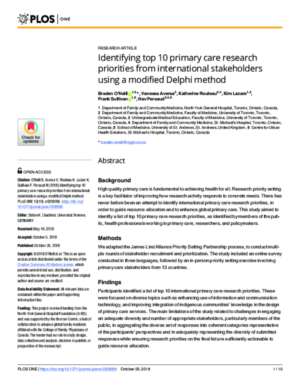 (PDF) Identifying top 10 primary care research priorities from international stakeholders using ...