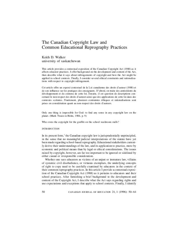 (PDF) The Canadian Copyright Law and Common Educational Reprography ...