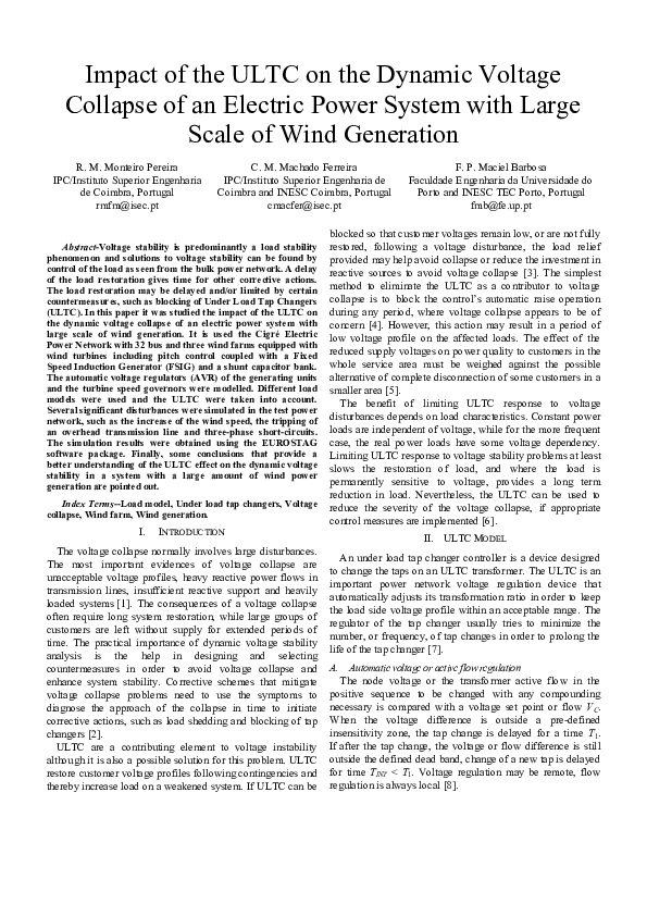 (PDF) Impact of the ULTC on the dynamic voltage collapse of an electric power system with large ...