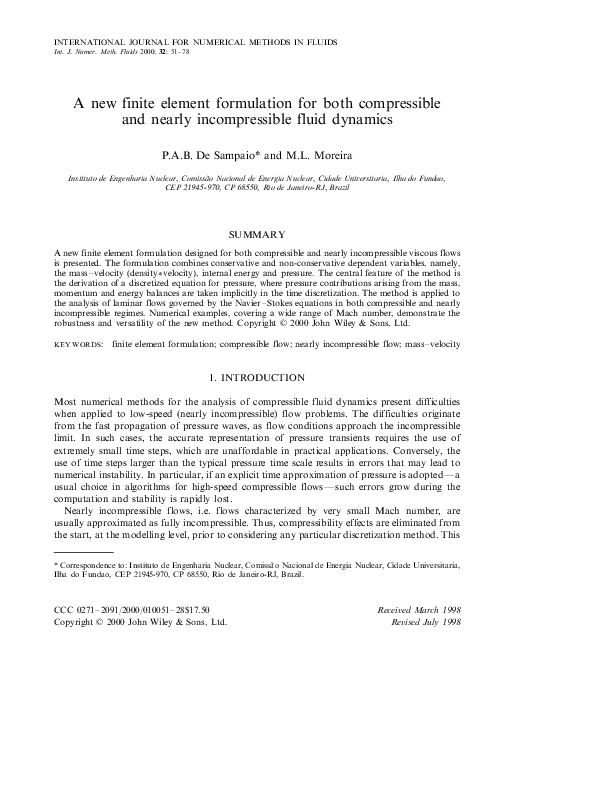 Pdf A New Finite Element Formulation For Both Compressible And Nearly Incompressible Fluid