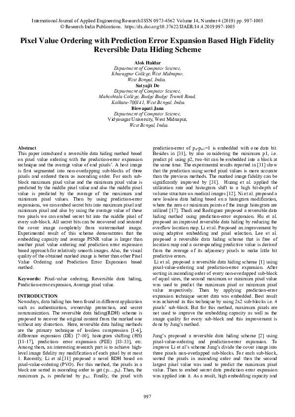 Pdf Pixel Value Ordering With Prediction Error Expansion Based High Fidelity Reversible Data