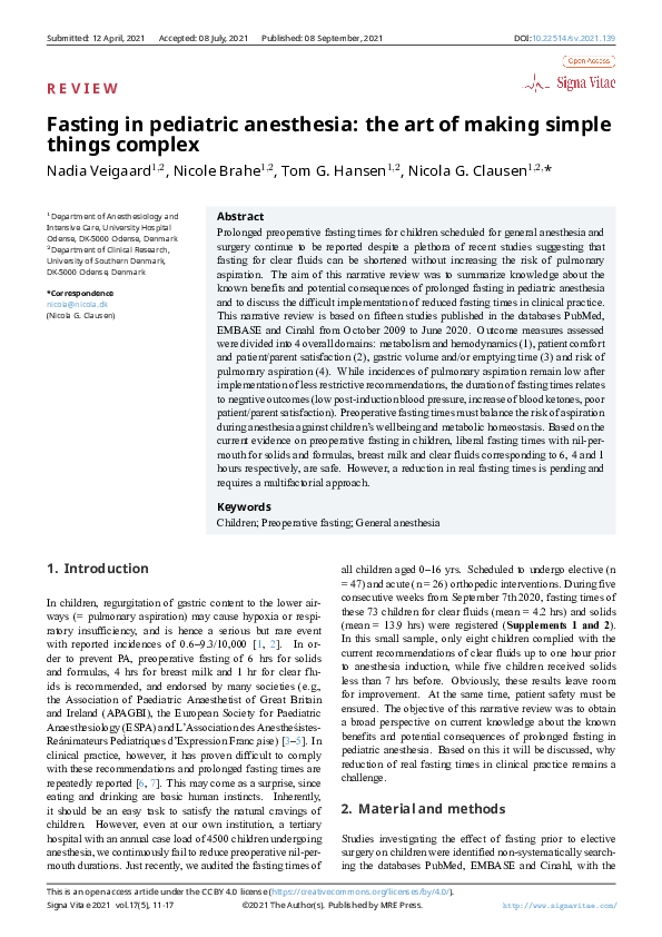 (PDF) Fasting in pediatric anesthesia: the art of making simple things ...