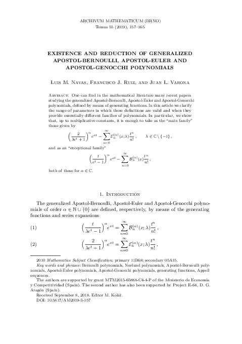 Pdf Existence And Reduction Of Generalized Apostol Bernoulli Apostol Euler And Apostol