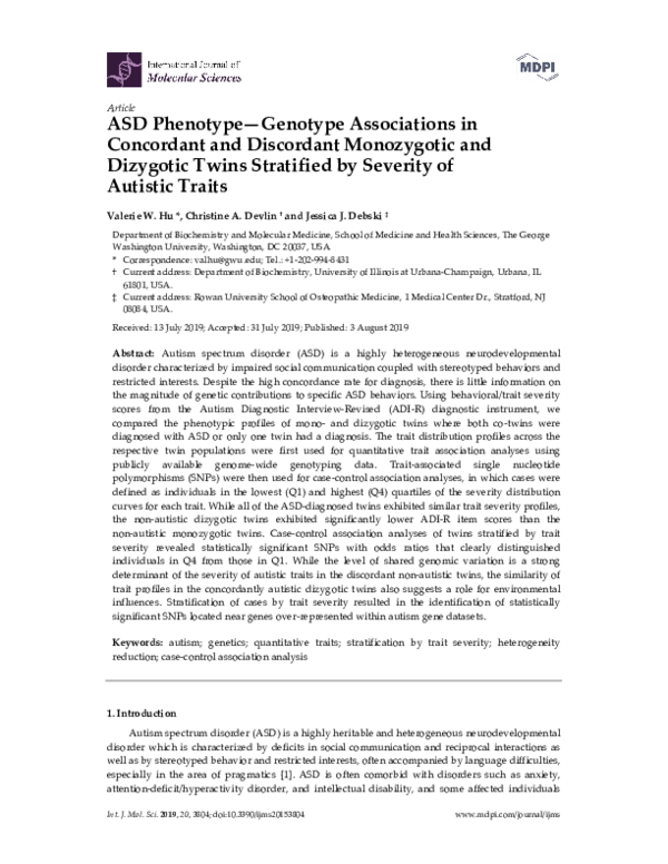 (PDF) ASD Phenotype—Genotype Associations in Concordant and Discordant ...
