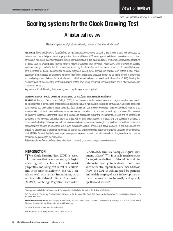 (PDF) Scoring systems for the Clock Drawing Test: A historical review