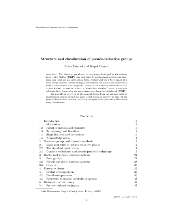 Pdf Structure And Classification Of Pseudo Reductive Groups Gopal Prasad