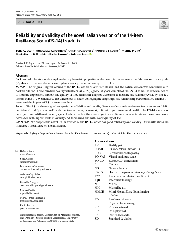 (PDF) Reliability and validity of the novel Italian version of the 14 ...