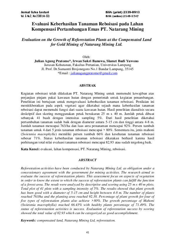 (PDF) Evaluation on the Growth of Reforestation Plants at the Compensated Land for Gold Mining ...