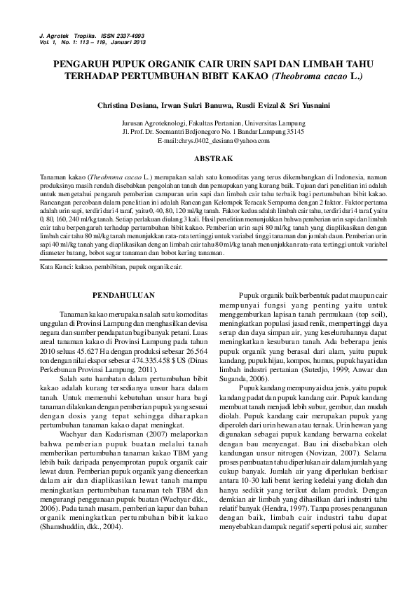 (PDF) PENGARUH PUPUK ORGANIK CAIR URIN SAPI DAN LIMBAH TAHU TERHADAP PERTUMBUHAN BIBIT KAKAO ...