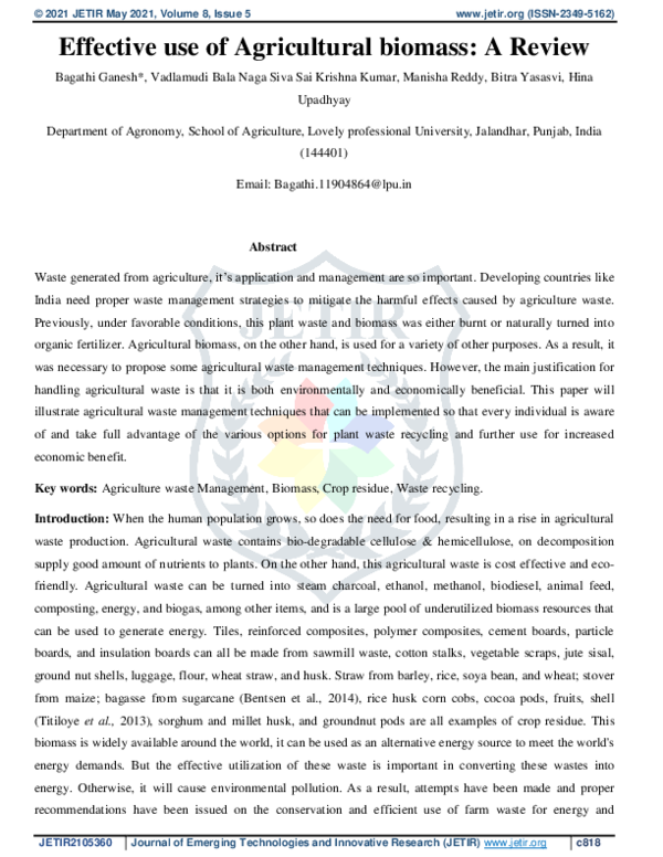 (PDF) Effective use of Agricultural biomass: A Review