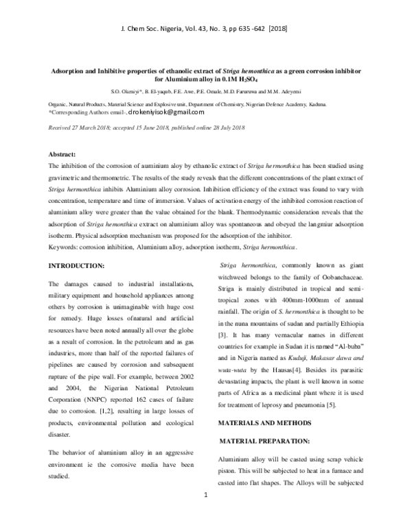 (PDF) Adsorption and Inhibitive properties of ethanolic extract of Striga hemonthica as a green ...