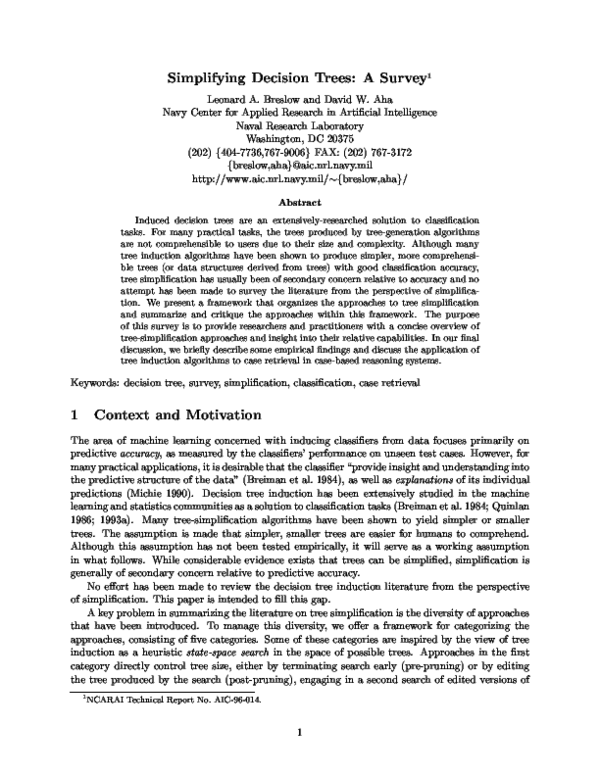 (PDF) Simplifying decision trees: A survey