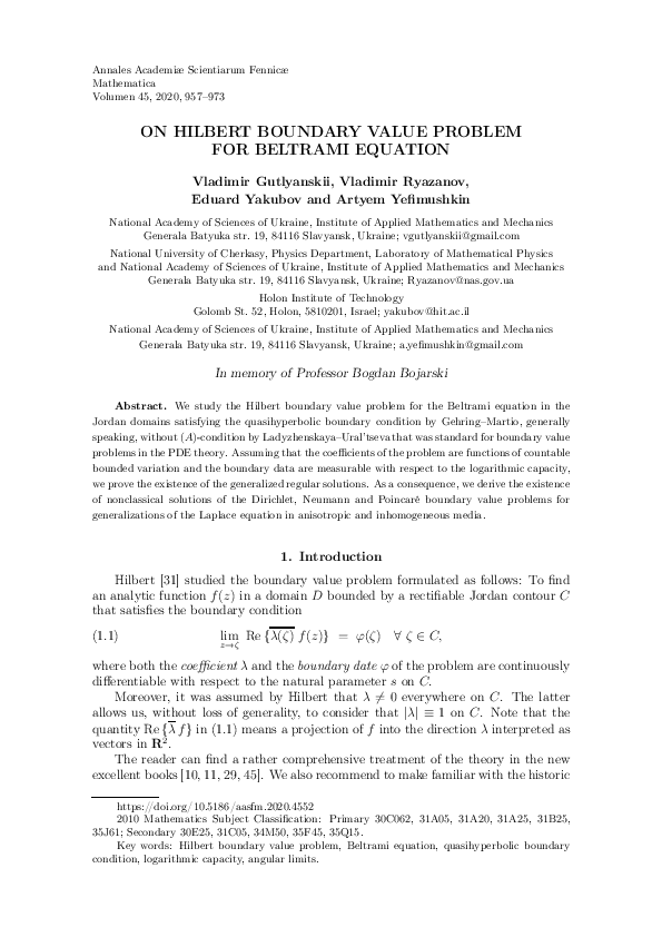 (PDF) On Hilbert boundary value problem for Beltrami equation